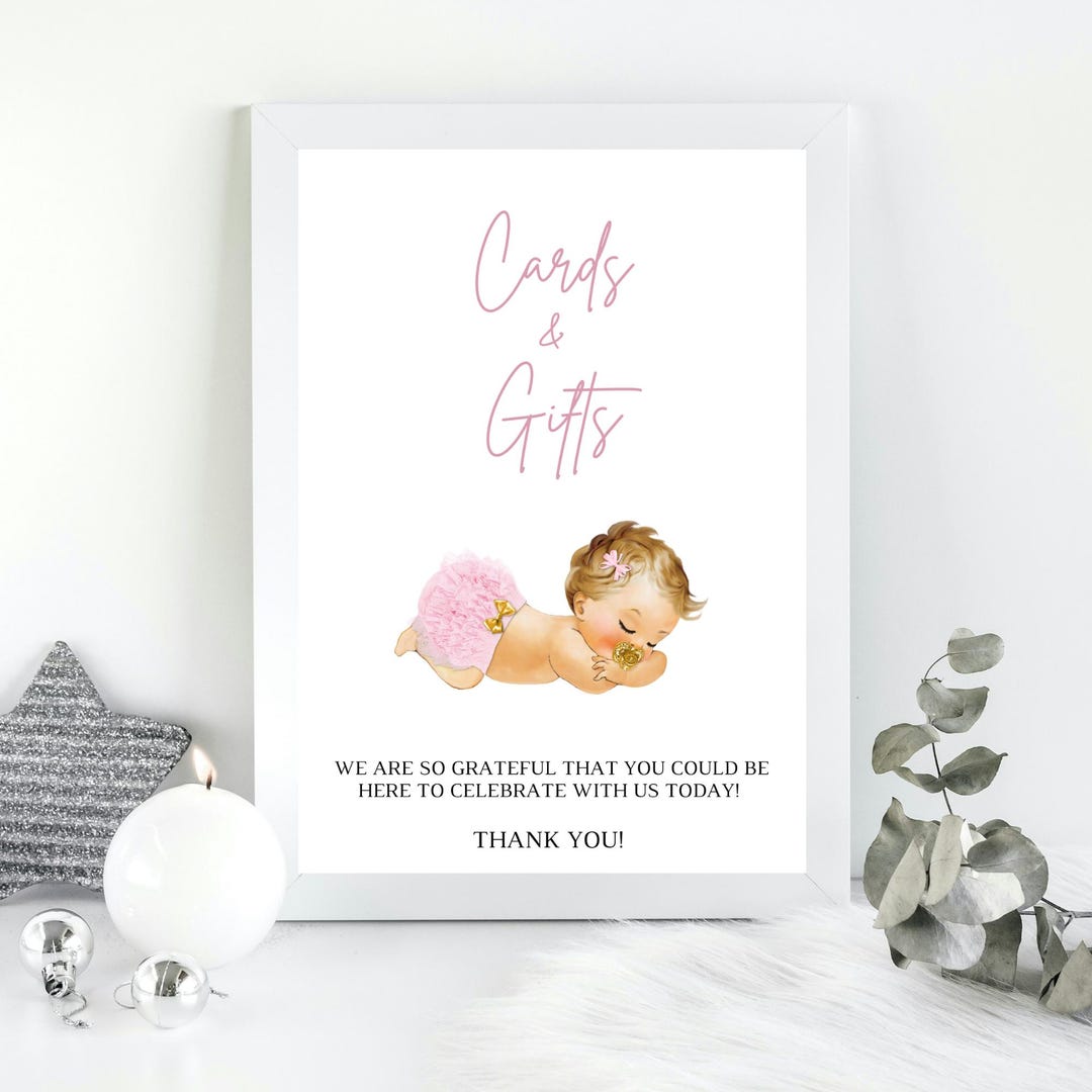Editable Little Princess Diaper Baby Shower Cards and Gifts Sign, Pink ...