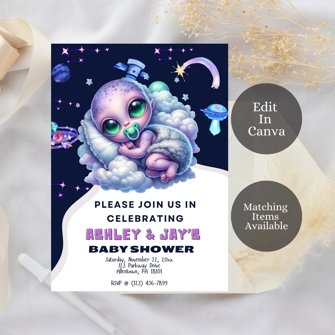 Editable Alien Baby Shower Invitation, UFO Outerspace Galaxy, Baby ...