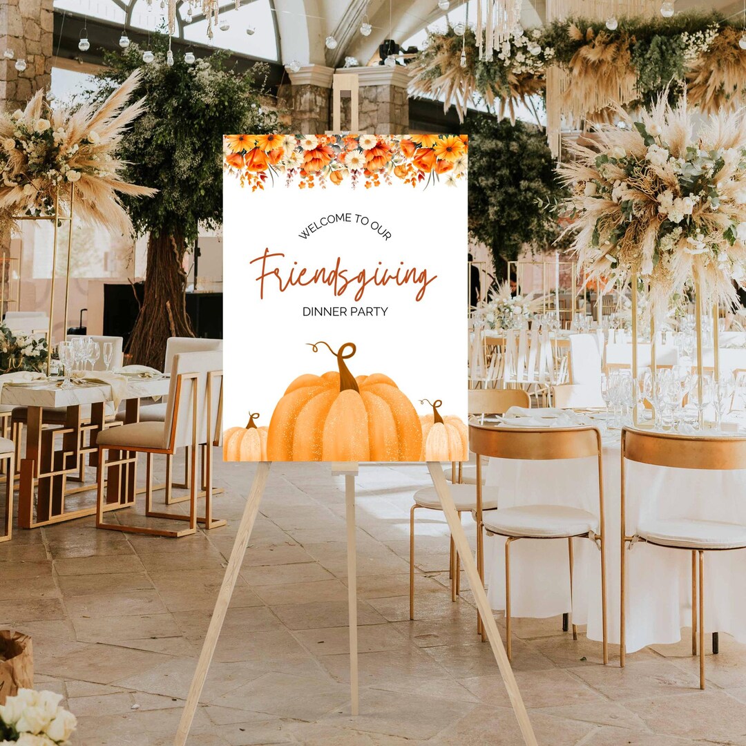 Editable Pumpkin Fall Floral Friendsgiving Welcome Sign, Thanksgiving ...