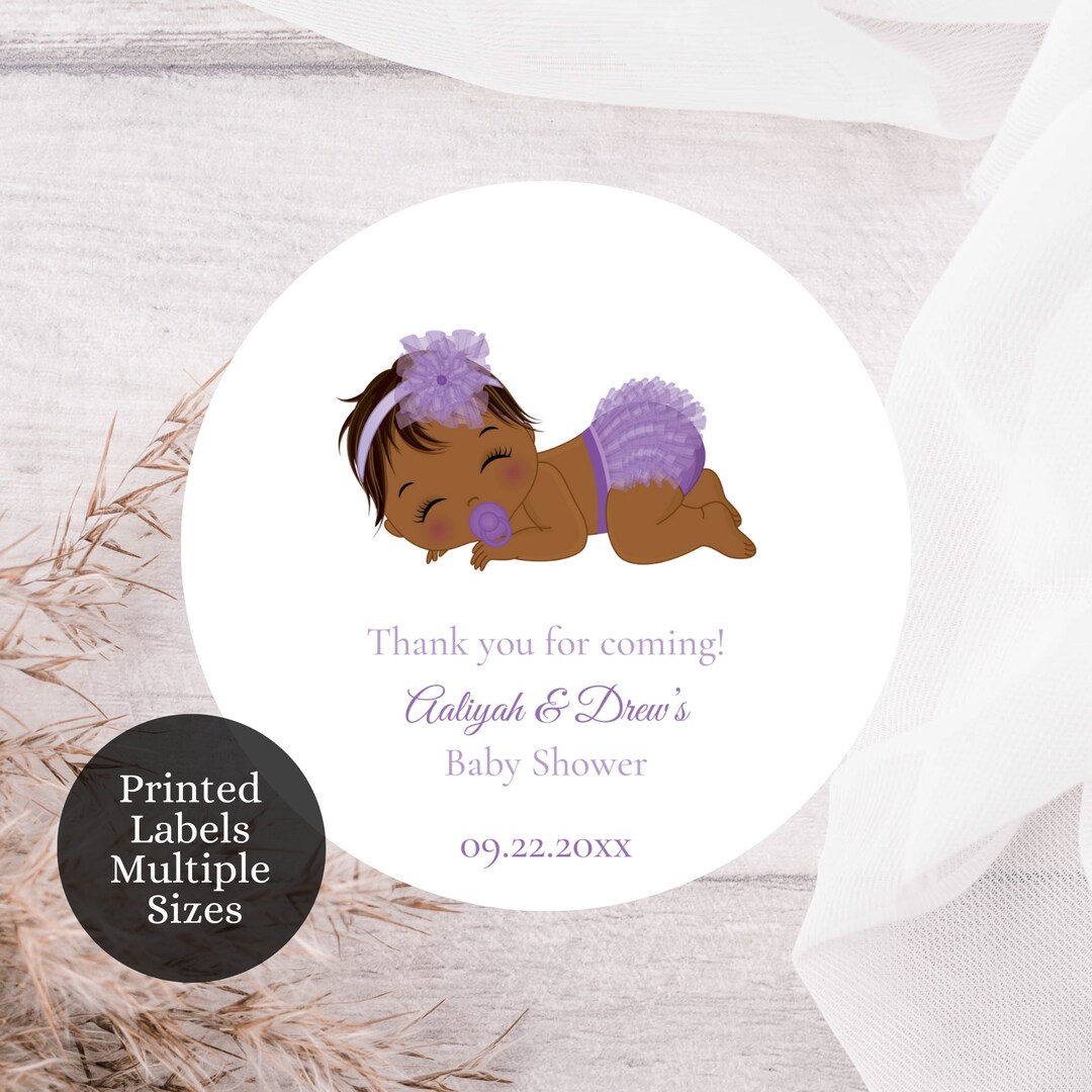 Custom Printed Baby Shower Round Labels, Afro Baby Girl, Purple Floral ...