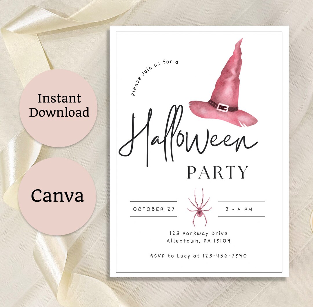 Pink Halloween Party Invitation Template, Instant Download, Girls ...