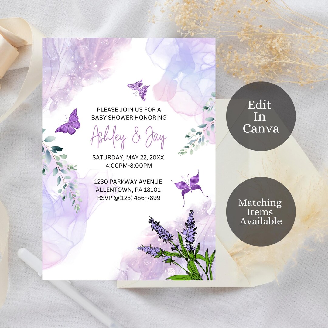 Editable Thank You for Fluttering by Baby Shower Invitation, Purple ...
