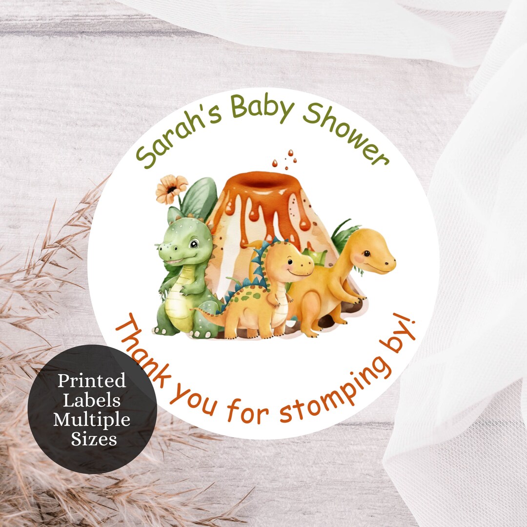 Baby Shower Round Labels, Dinosaur Party Favor Tags, Dinosaur Baby ...