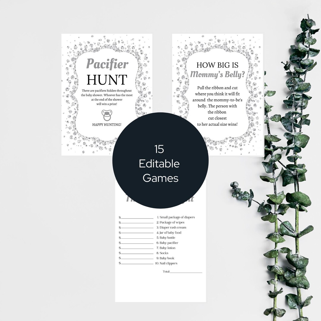 Silver Glitter Glam Baby Shower Game Bundle Templates, Minimalist ...
