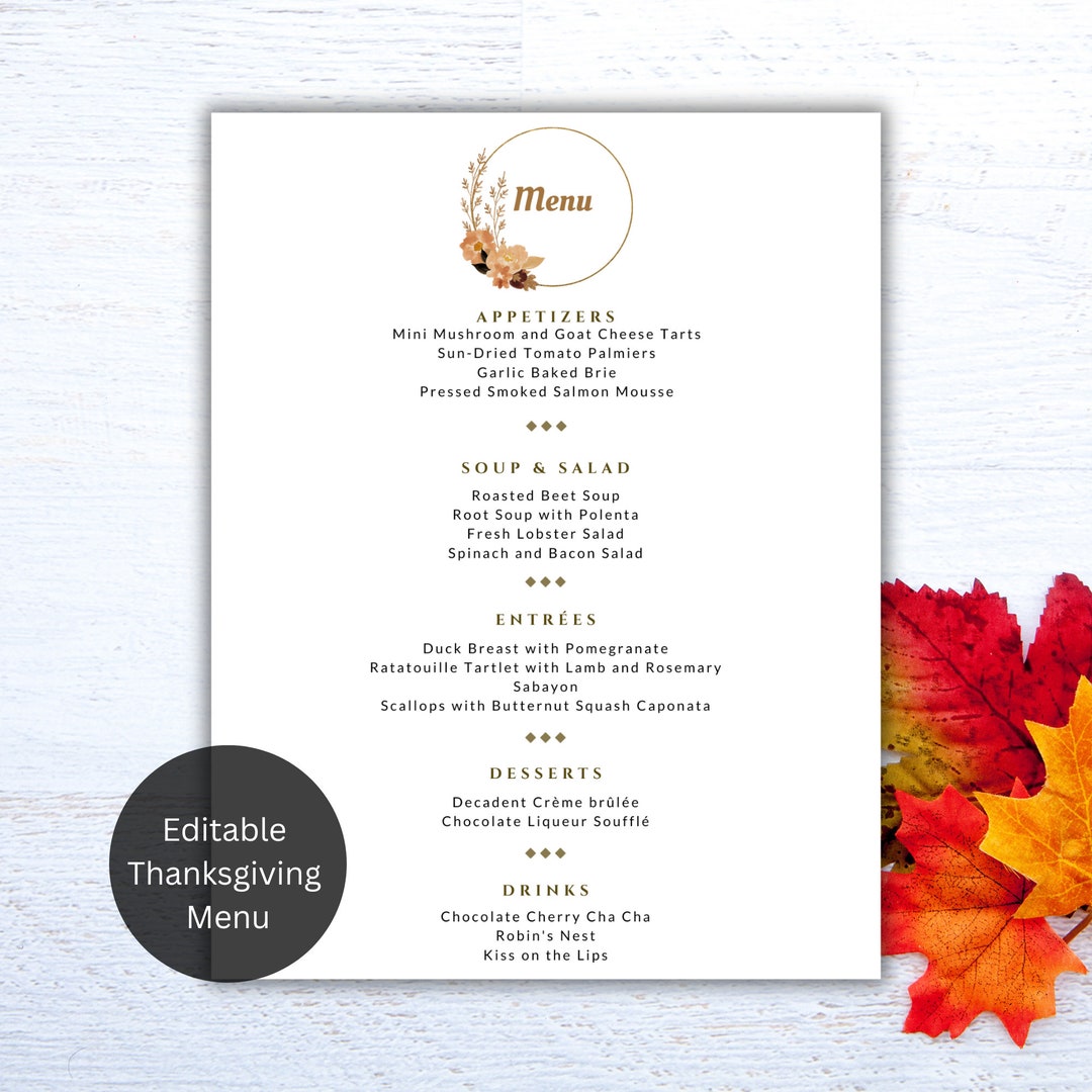 Editable Thanksgiving Dinner Menu, Dinner Party Menu, Thanksgiving Menu ...