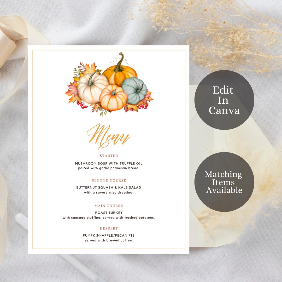 Editable Pumpkin Floral Thanksgiving Dinner Menu, Dinner Party Menu ...