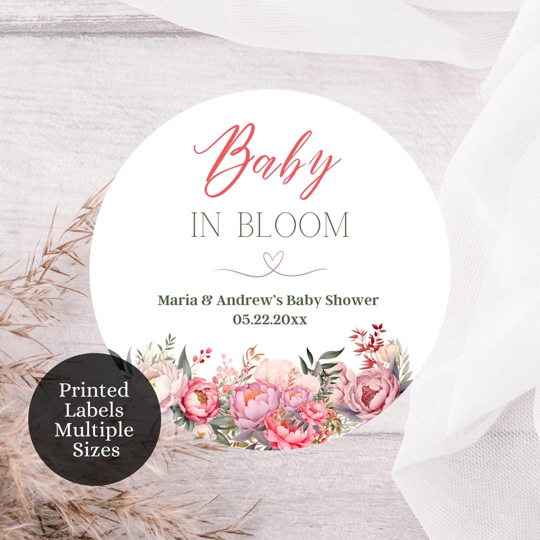 Custom Printed Baby Shower Round Labels, Floral Pink Green Baby Showe ...