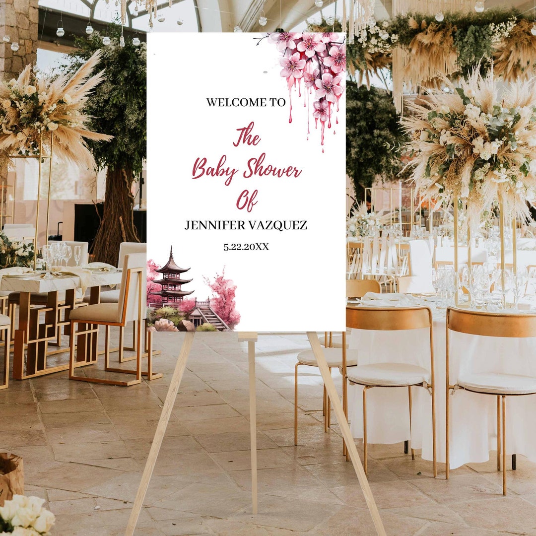 Editable Baby Shower Sign, Japanese Cherry Blossom Baby Shower Welcome Sign, Pink Floral Baby ...
