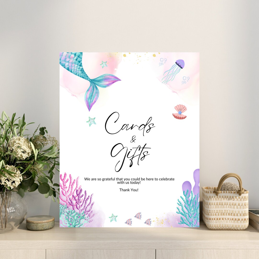 Mermaid Baby Shower, Editable Cards and Gifts Sign Printable, Pink and ...