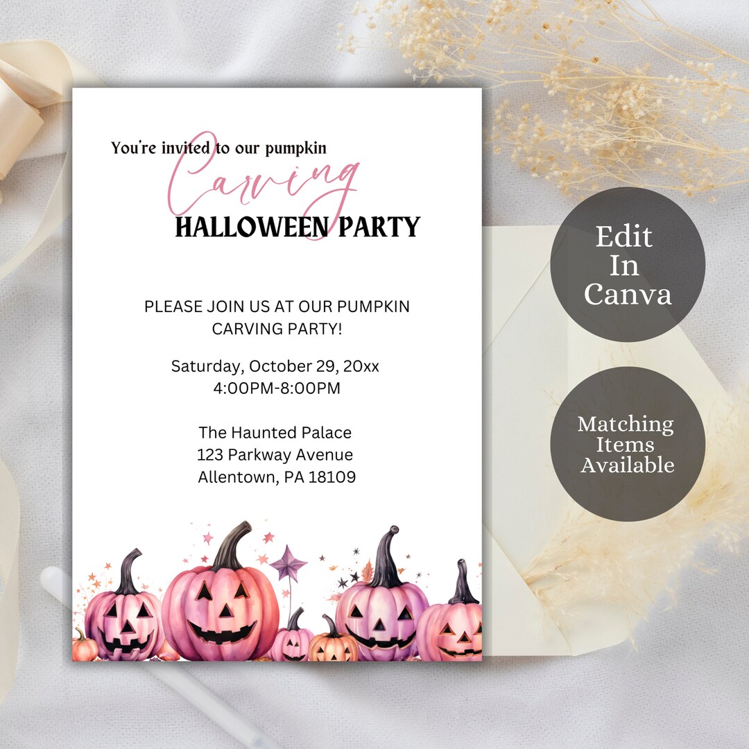 Editable Girly Halloween Party Invitation, Pumpkin Carving Party ...