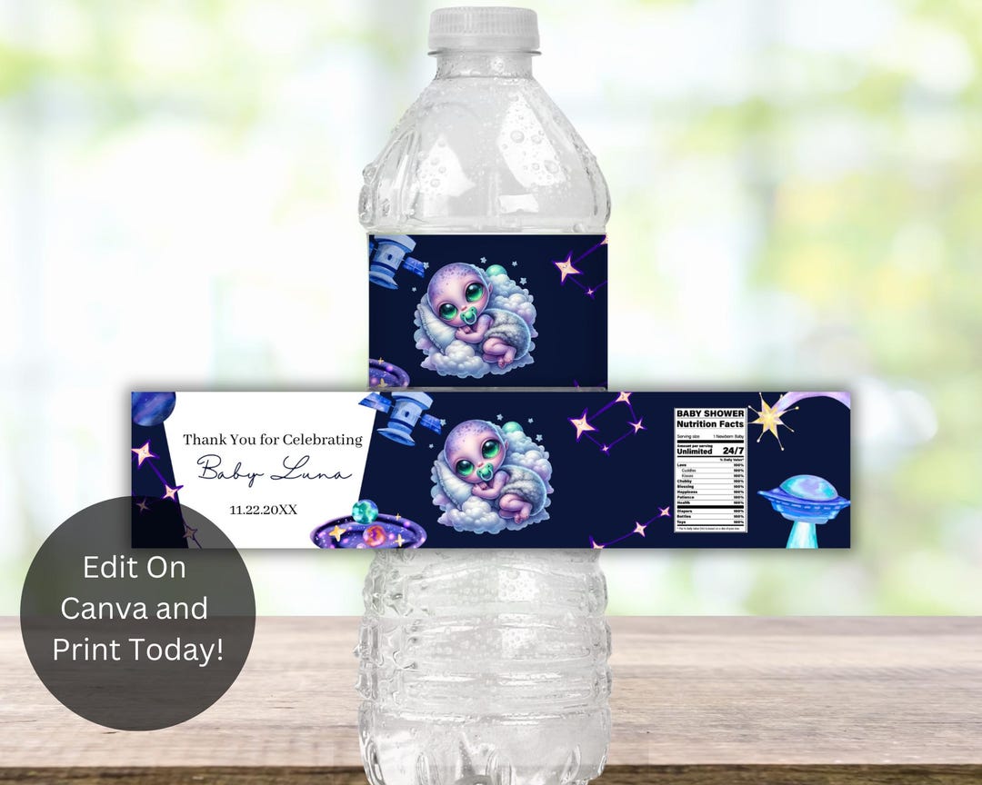 Editable Alien Baby Shower Water Bottle Label Template, UFO Outerspace ...