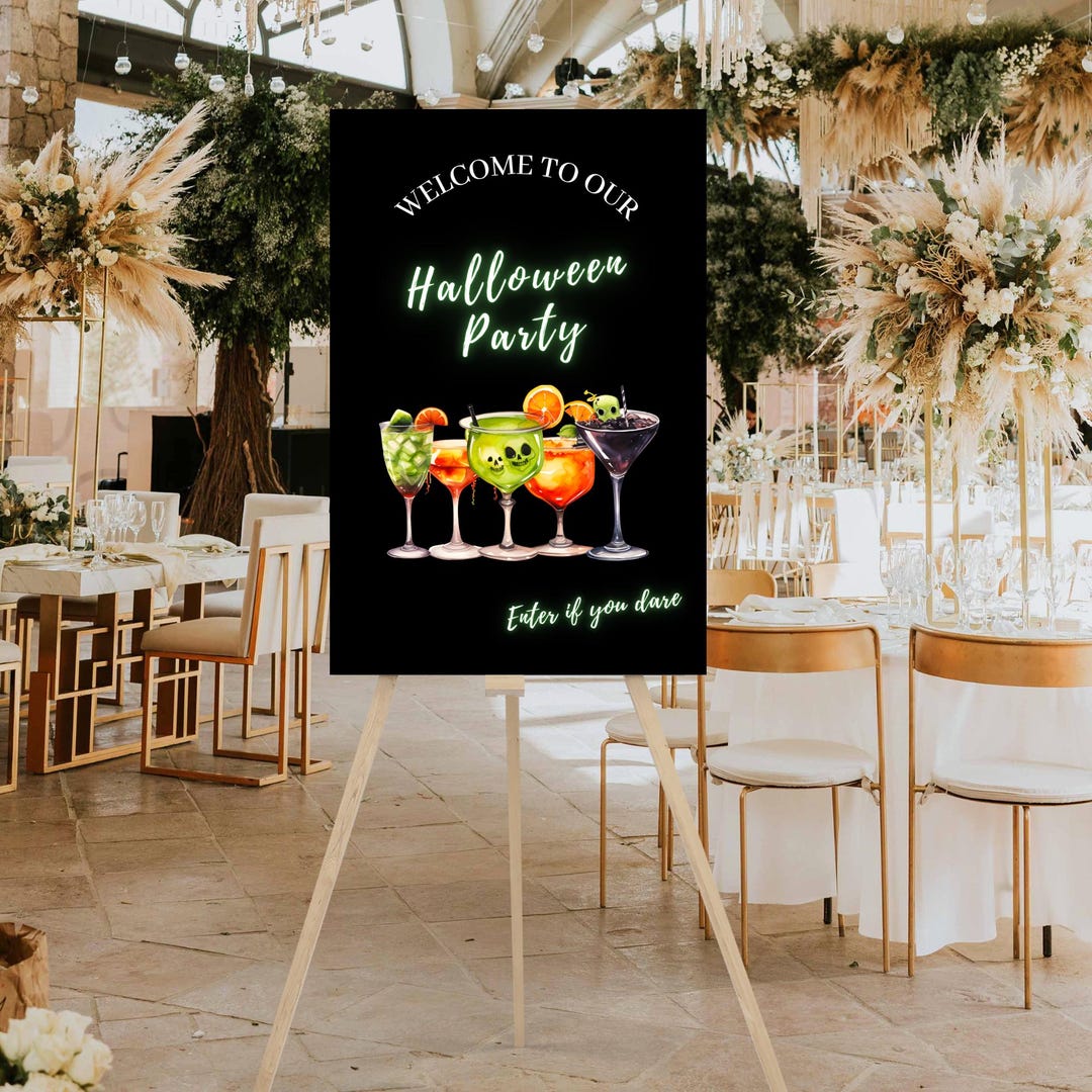 Editable Costumes and Cocktails Party Welcome Sign, Neon Green Spooky ...