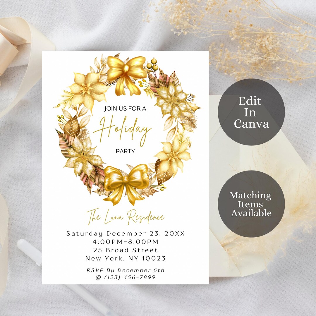 Editable Christmas Party Invitation, Gold Glitter, Gold Christmas ...