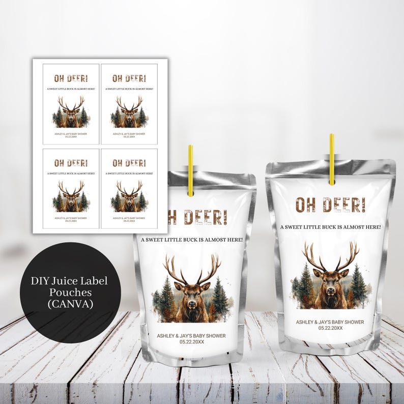Editable Deer Themed Baby Shower Juice Pouch Label, Oh Deer Baby Shower ...
