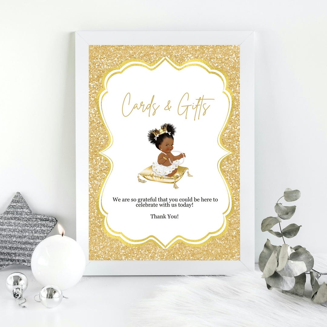 Editable Royal Princess Gold Glam Cards and Gifts Sign, Baby Shower ...