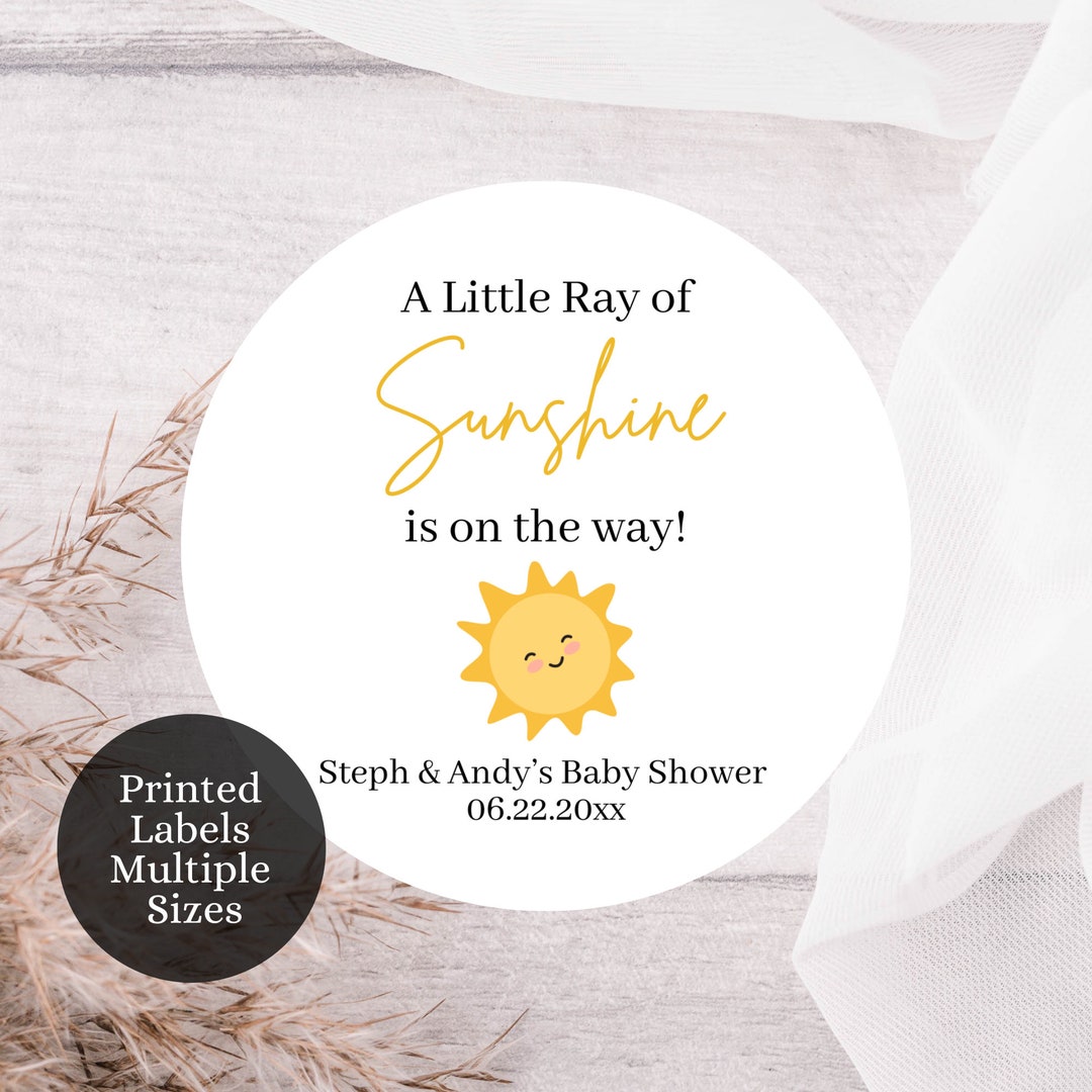 Custom Baby Shower Labels, Sunshine Baby Shower, A Little Ray of ...