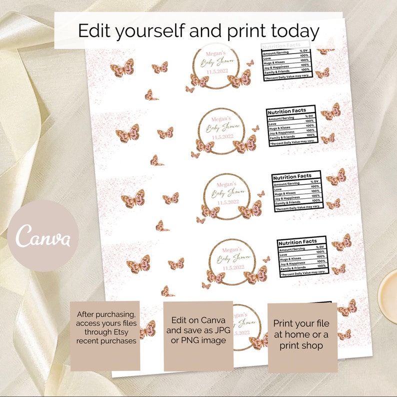 Editable Gold and Pink Butterfly Water Bottle Labels - Etsy