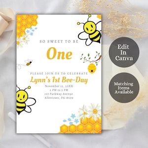 Editable Bee Birthday Invitation Bumble Bee Birthday Party First Bee ...