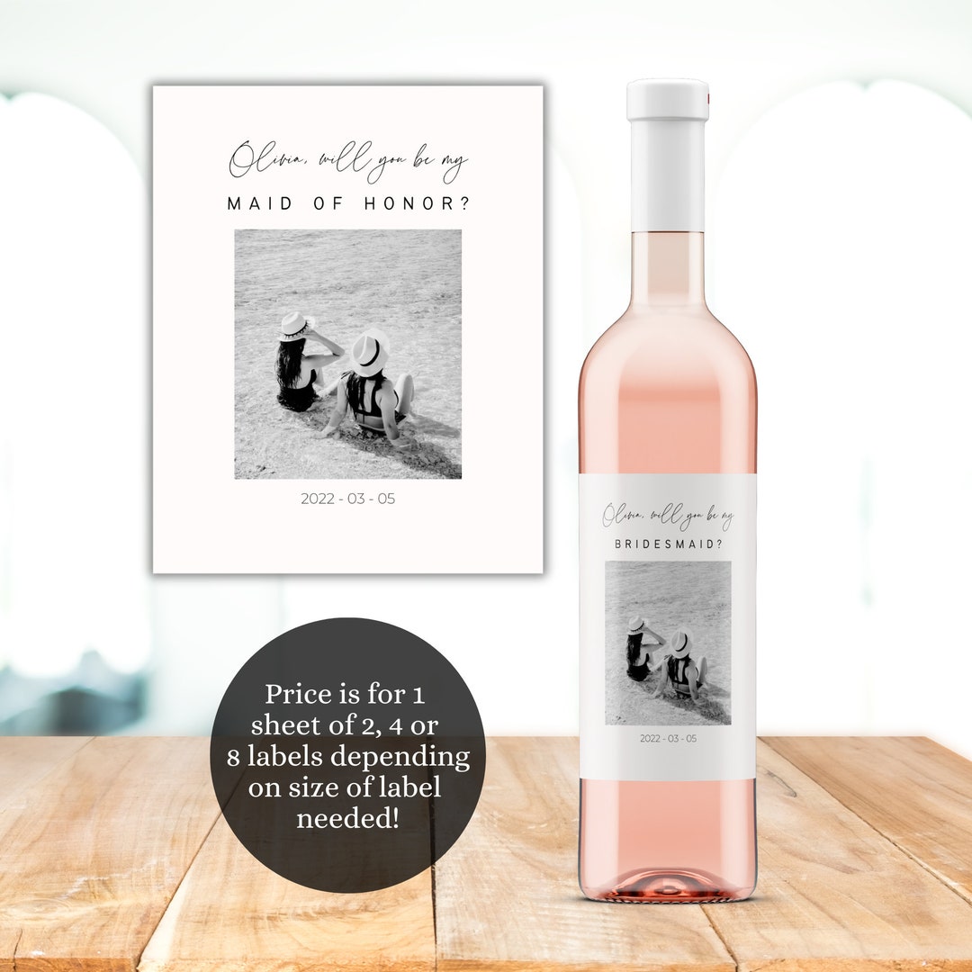 Custom Printed Photo Wine Labels, Black and White Bridesmaid Maid of ...