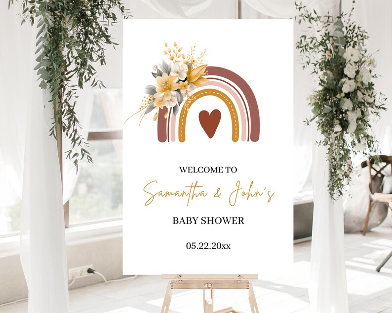 Editable Boho Rainbow Baby Shower Welcome Sign, Boho Rainbow Baby ...