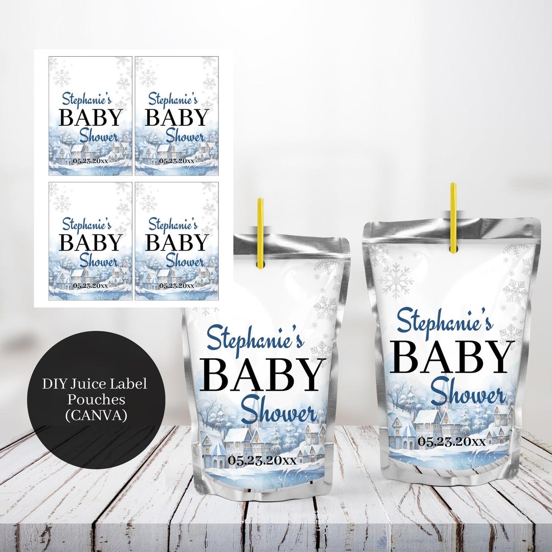 Editable Winter Themed Baby Shower Juice Label, Baby Shower Party Favor ...