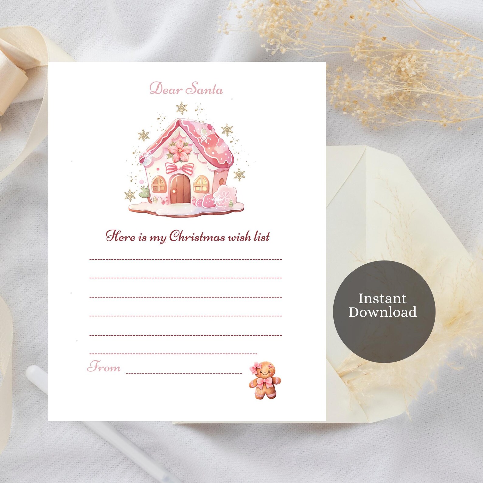 My Christmas Wishes Wish List Template, Pink Gingerbread House, Pink ...