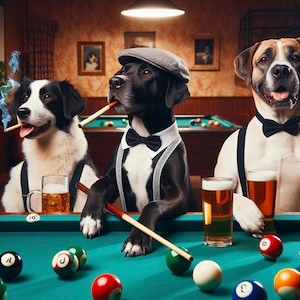 Three Dogs at the Pool Table Animal Humor Card Table Pool Table Wall ...