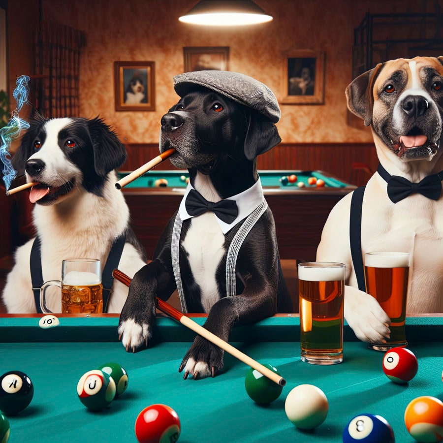 Three Dogs at the Pool Table Animal Humor Card Table Pool Table Wall ...