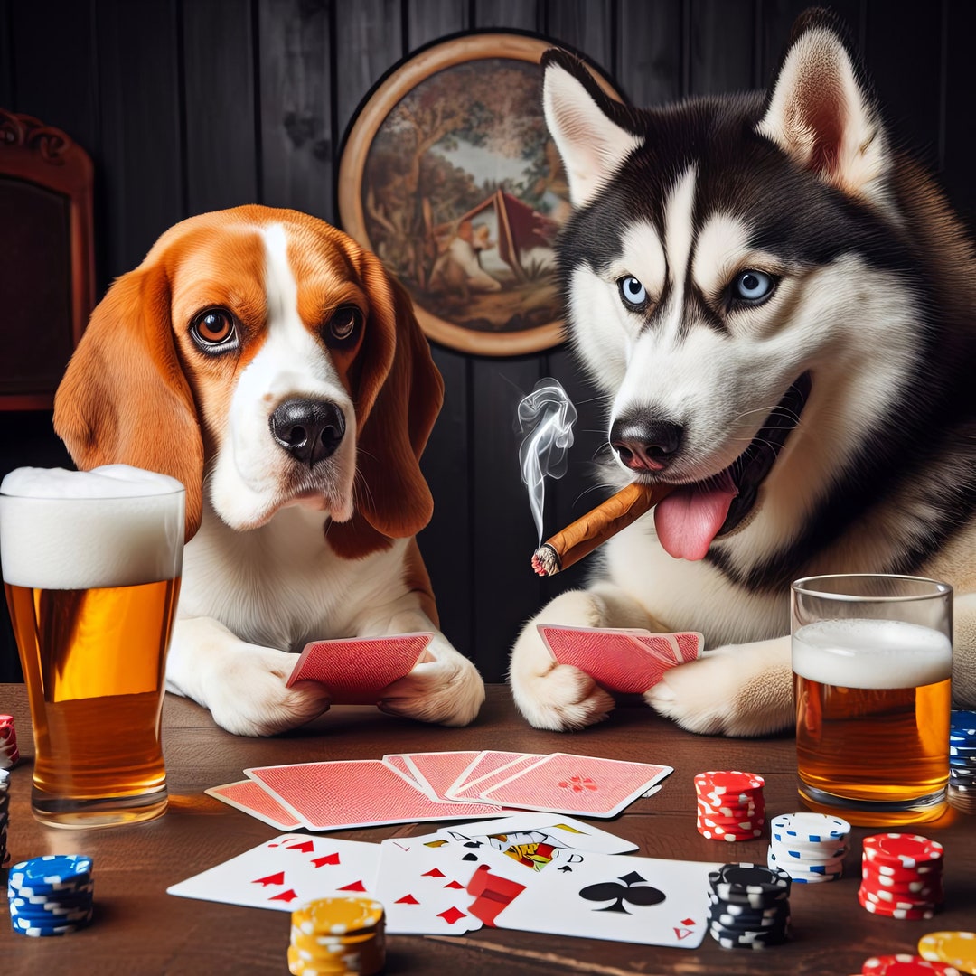 Two Dogs Playing Poker Animal Humor Card Table Pool Table Wall Decor ...