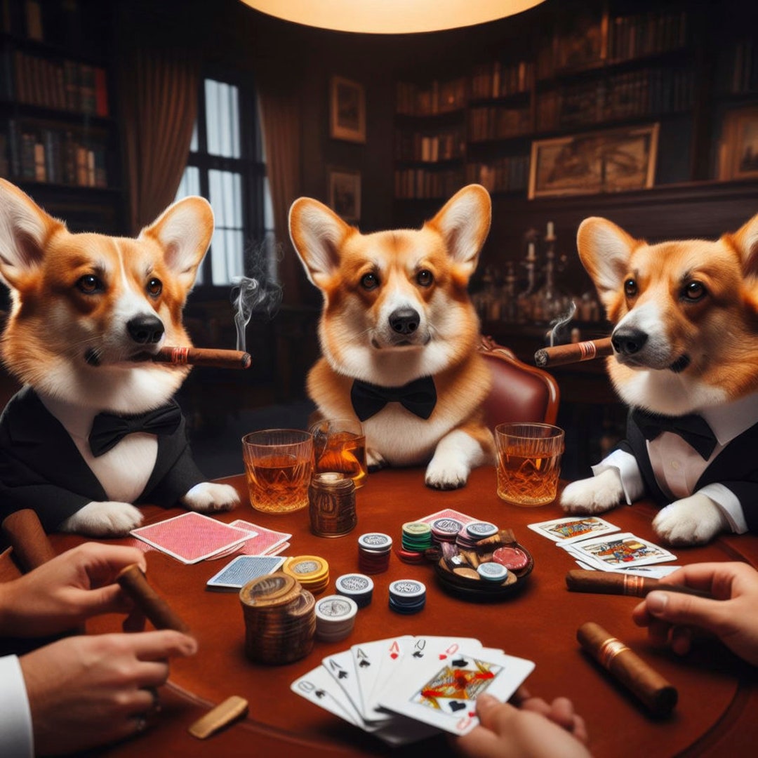 Three Corgis at the Poker Table Animal Humor Card Table Pool Table Wall Decor Gift Man Cave DLF ...
