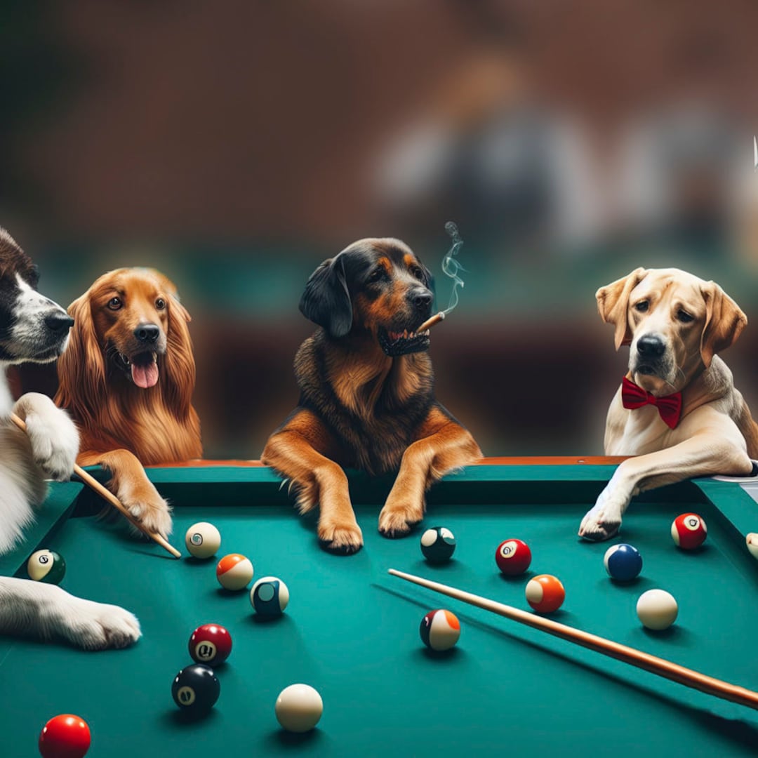 Three Dogs at the Pool Table Animal Humor Card Table Pool Table Wall ...