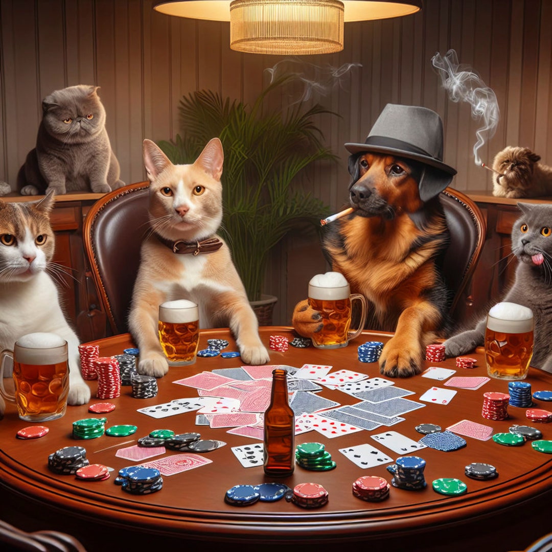 Cat and Dogs Playing Poker Animal Humor Card Table Pool Table Wall ...