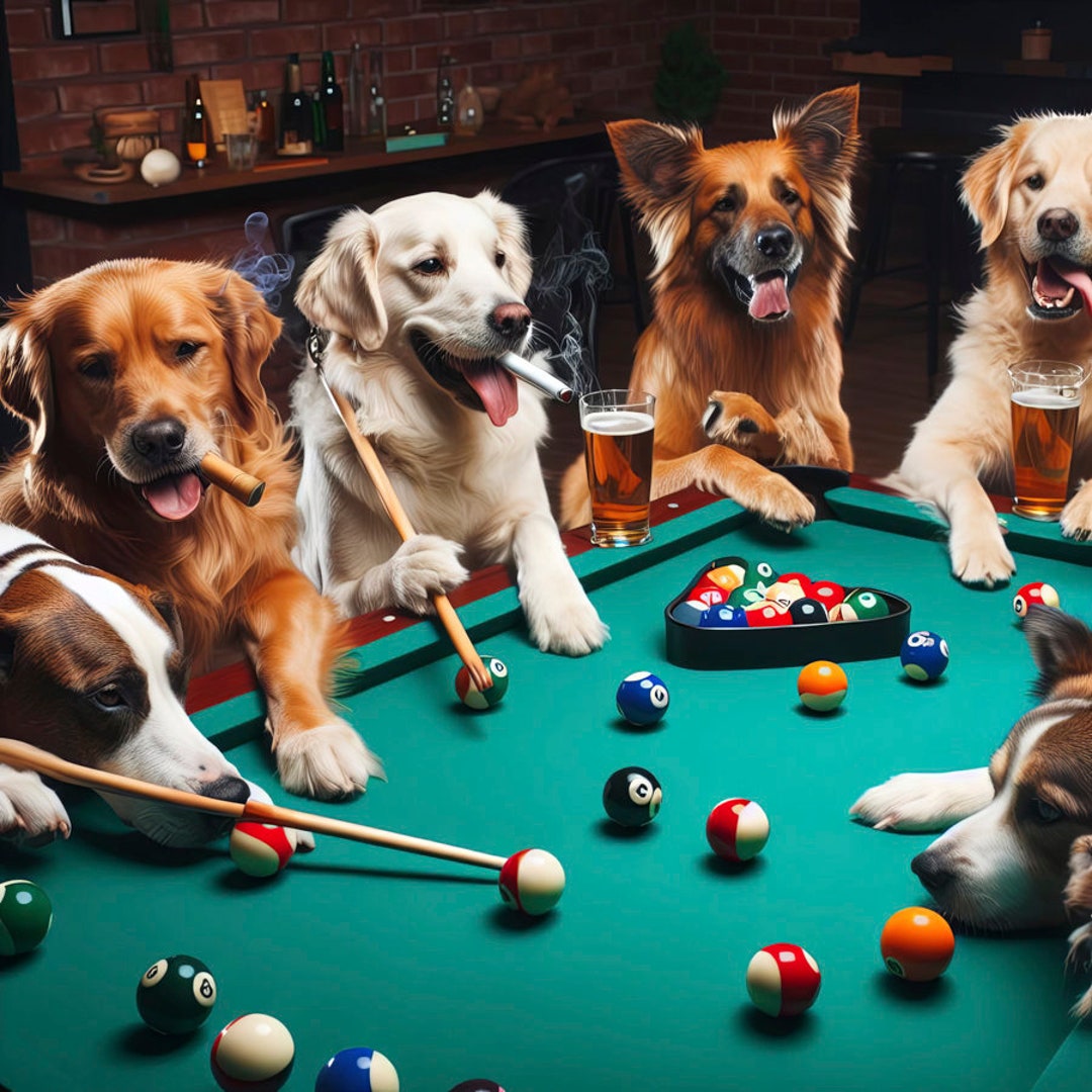 Dog Playing Pool on Pool Table Animal Humor Card Table Pool Table Wall ...