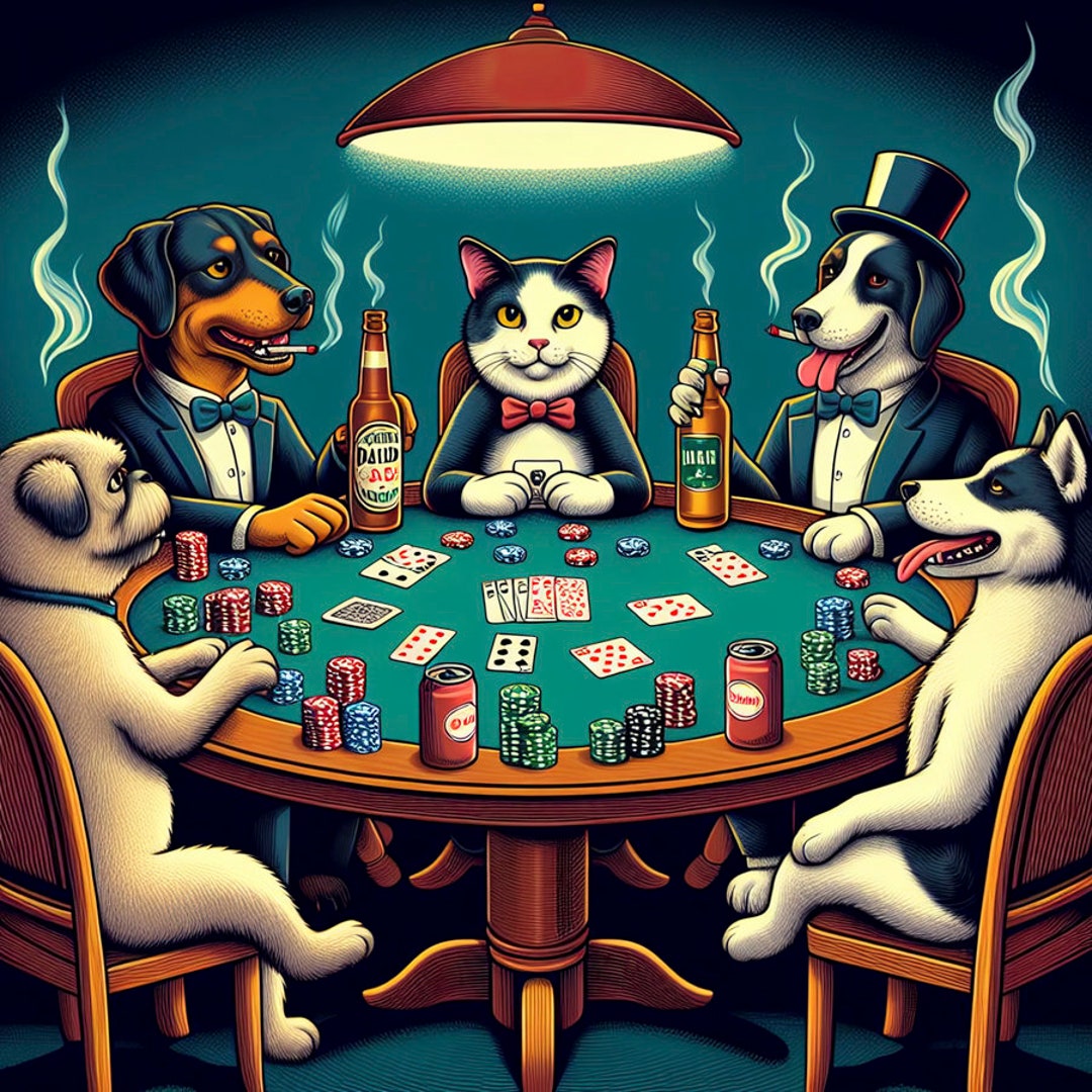 Dog and Cats in a Friendly Card Game Animal Humor Card Table Pool Table ...