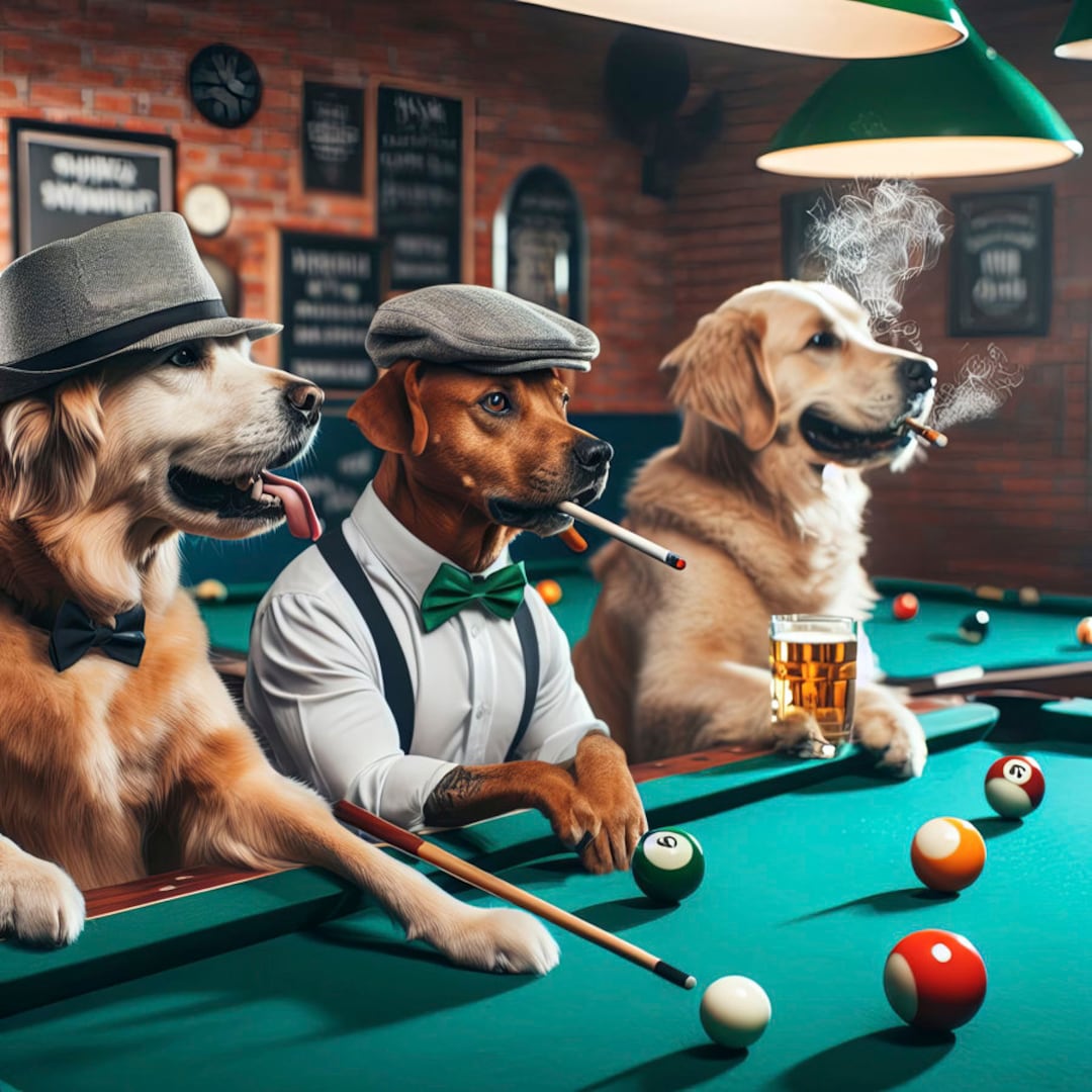 Three Dogs at Pool Table Playing Cards Animal Humor Card Table Pool ...