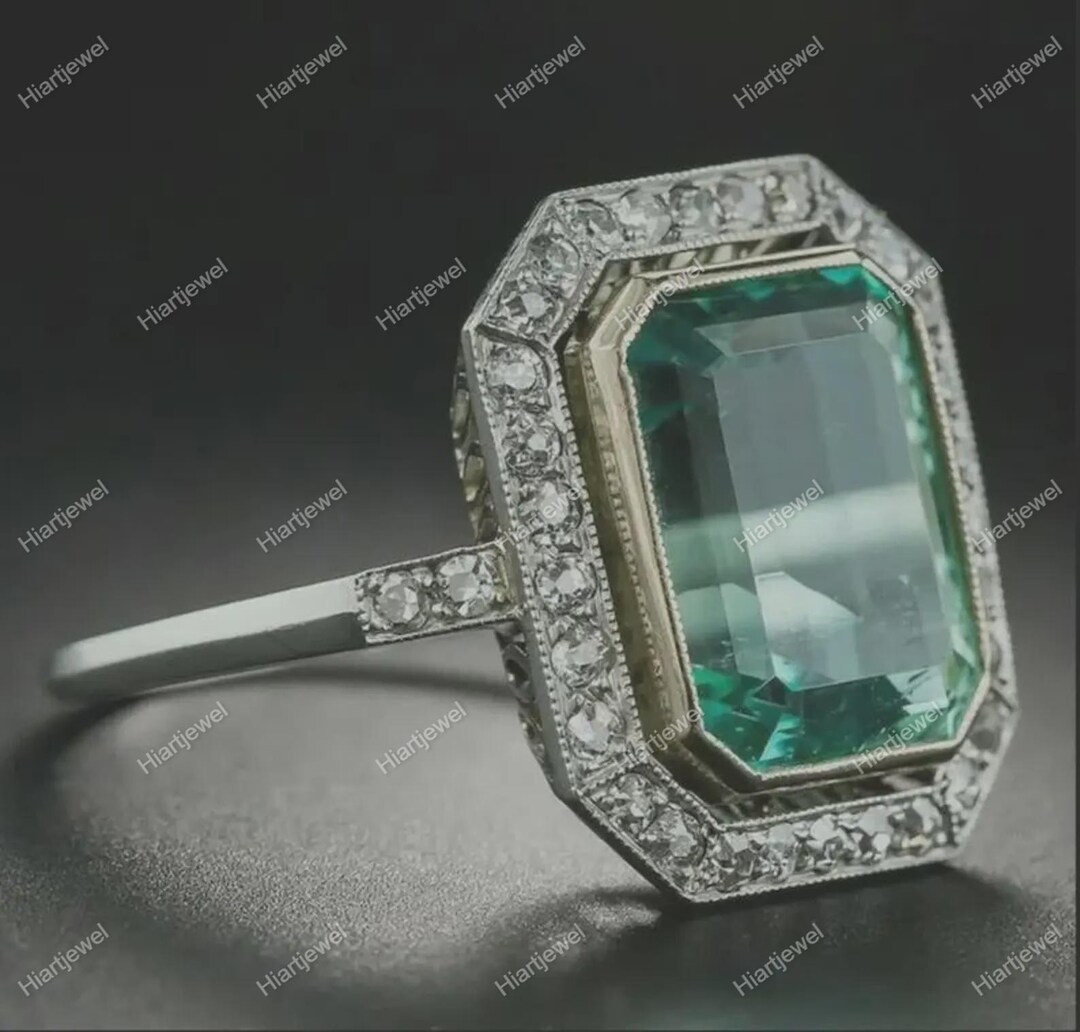Art Deco 4.37 Ct Emerald and Diamond Vintage Style Halo Engagement Ring ...