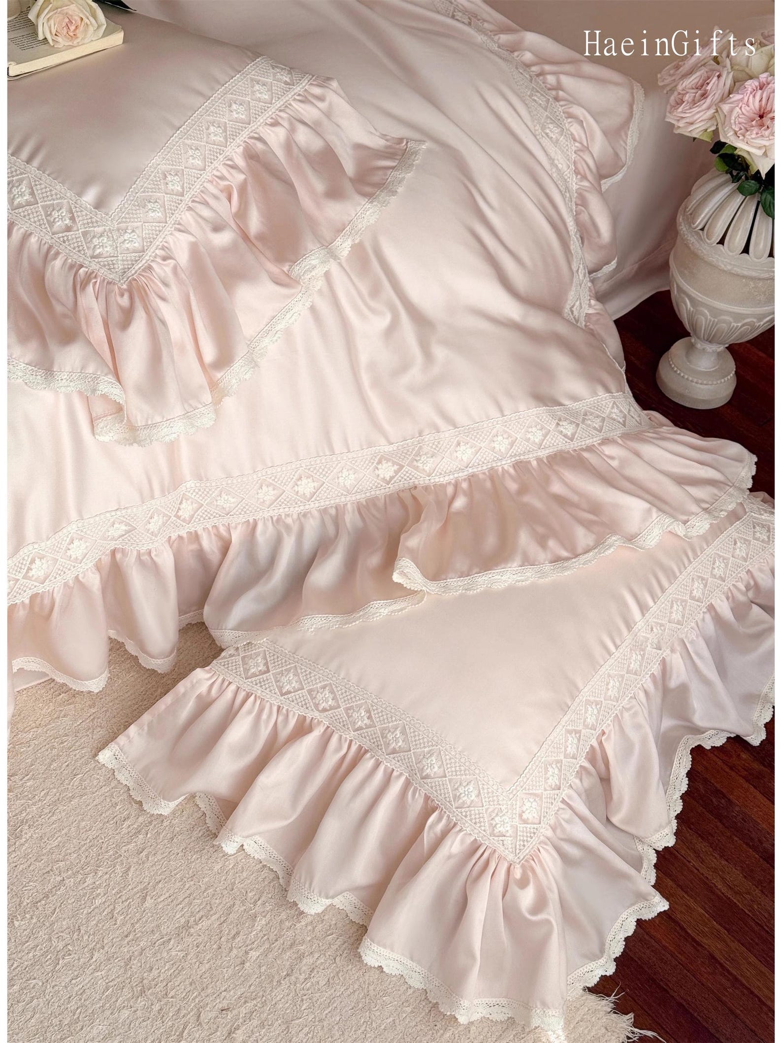Silky Ruffle Bedding Set, Retro Duvet Cover, Pale Pink Duvet Cover Set ...