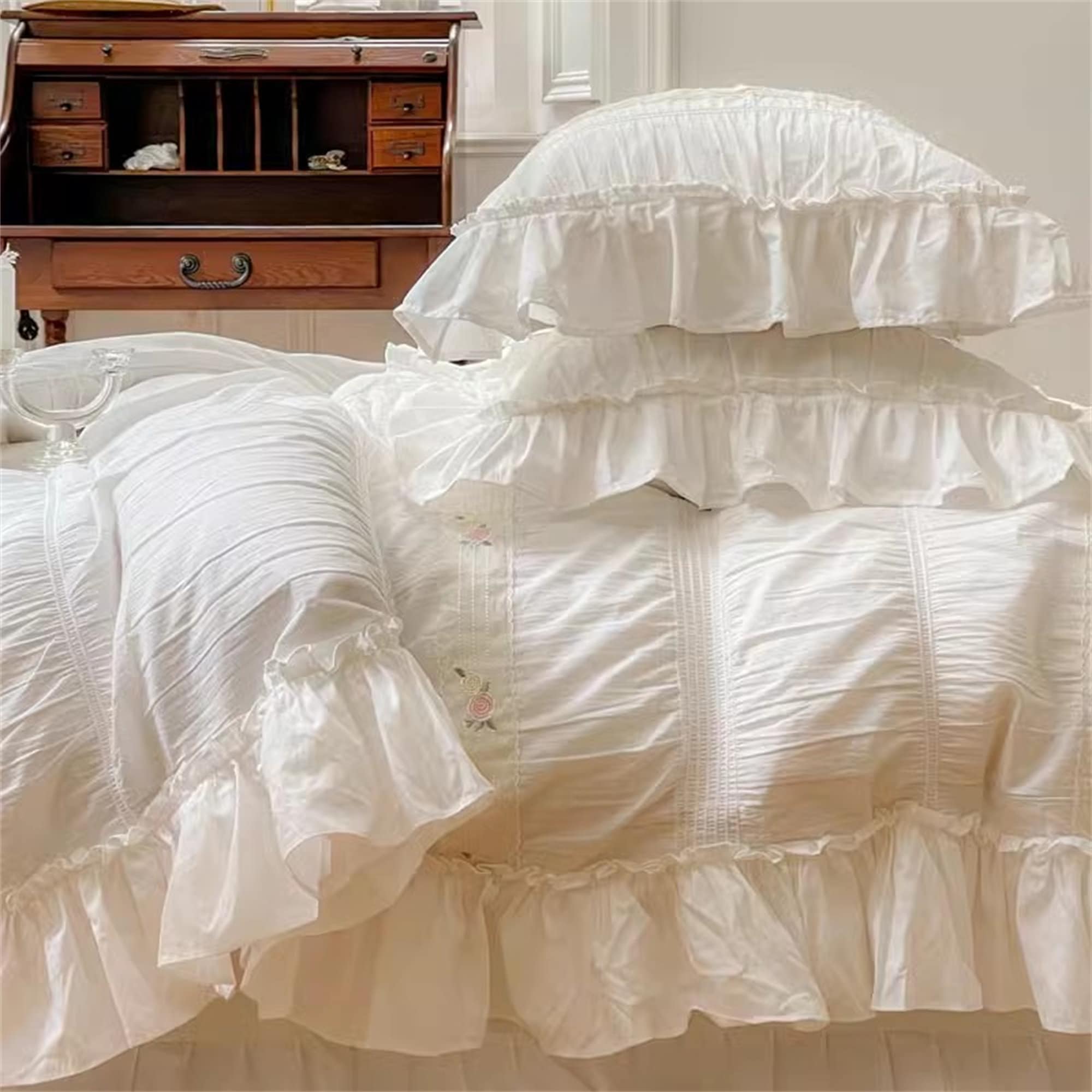 Romance White Bedding With Ruffle, Washed Cotton Duvet Cover Set ...
