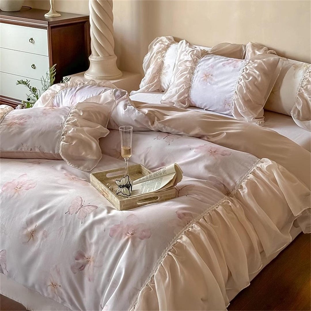Ruffle Cotton Bedding Set, Pale Pink Duvet Cover, Soft Flat Sheet ...