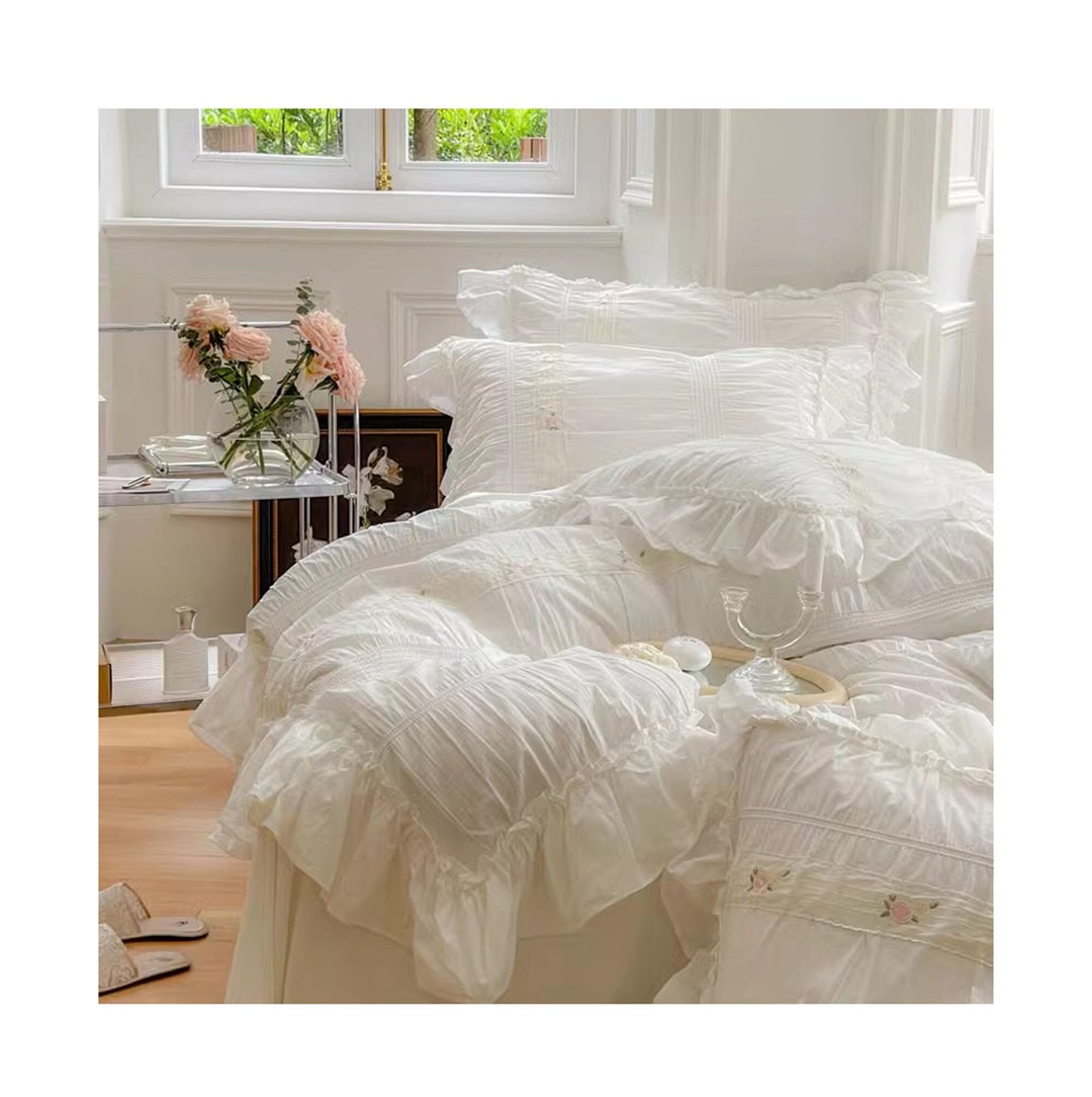 Romance White Bedding With Ruffle, Washed Cotton Duvet Cover Set ...