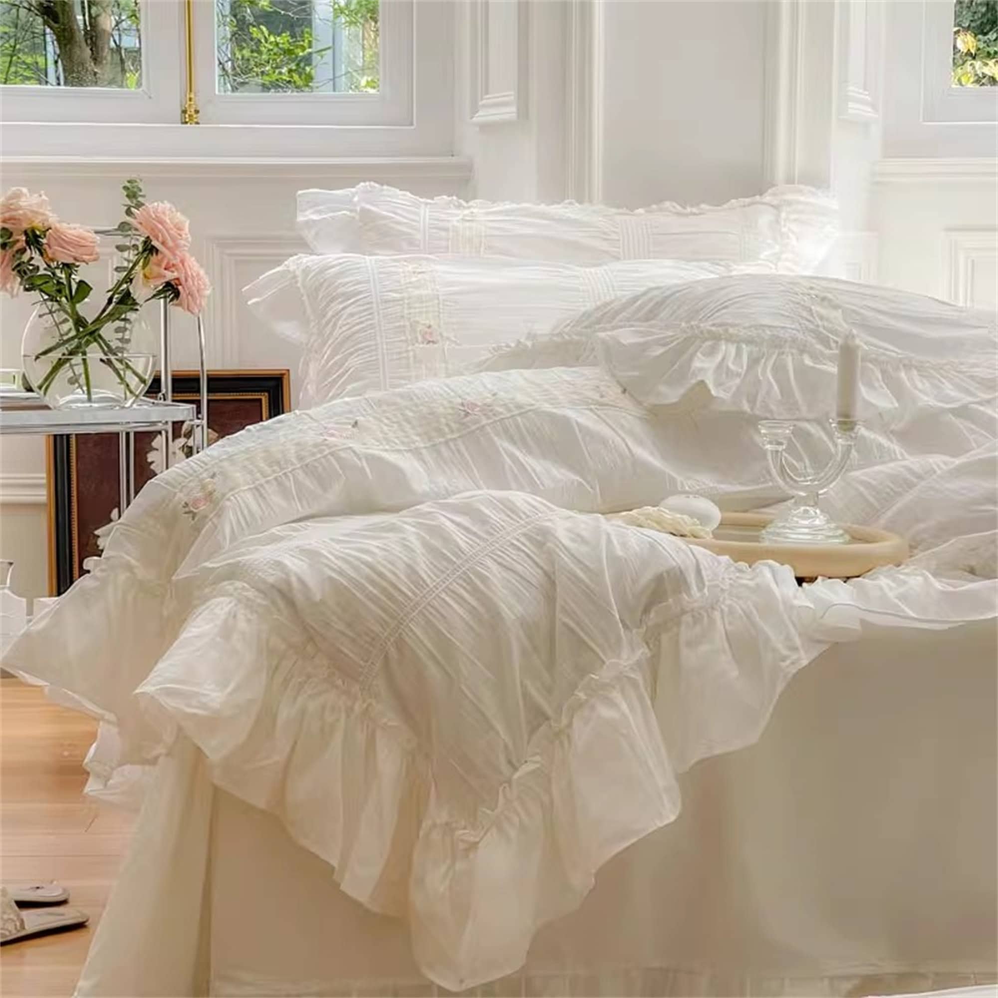 Romance White Bedding With Ruffle, Washed Cotton Duvet Cover Set ...