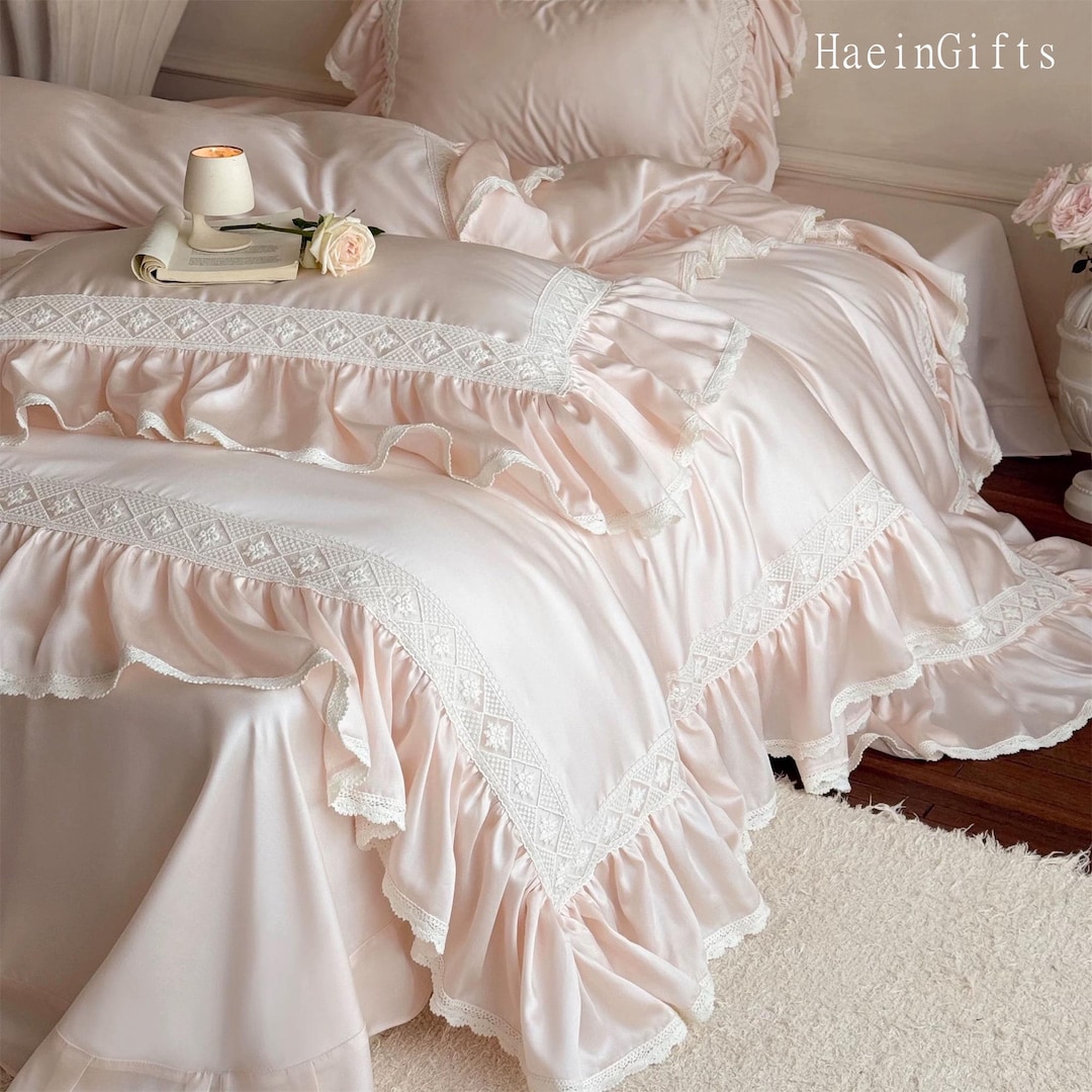 Silky Ruffle Bedding Set, Retro Duvet Cover, Pale Pink Duvet Cover Set ...