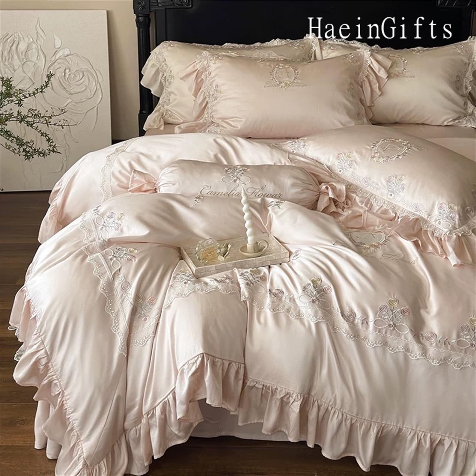 Embroidered Silky Ruffle Bedding Set, Cream White Duvet Cover, Pale ...