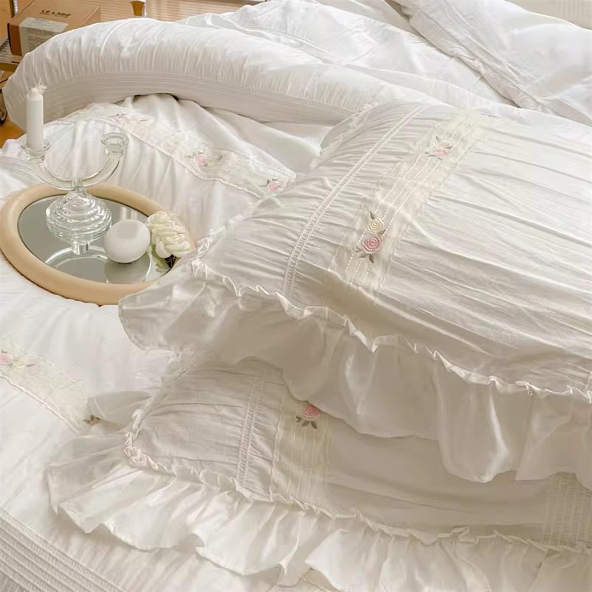 Romance White Bedding With Ruffle, Washed Cotton Duvet Cover Set ...