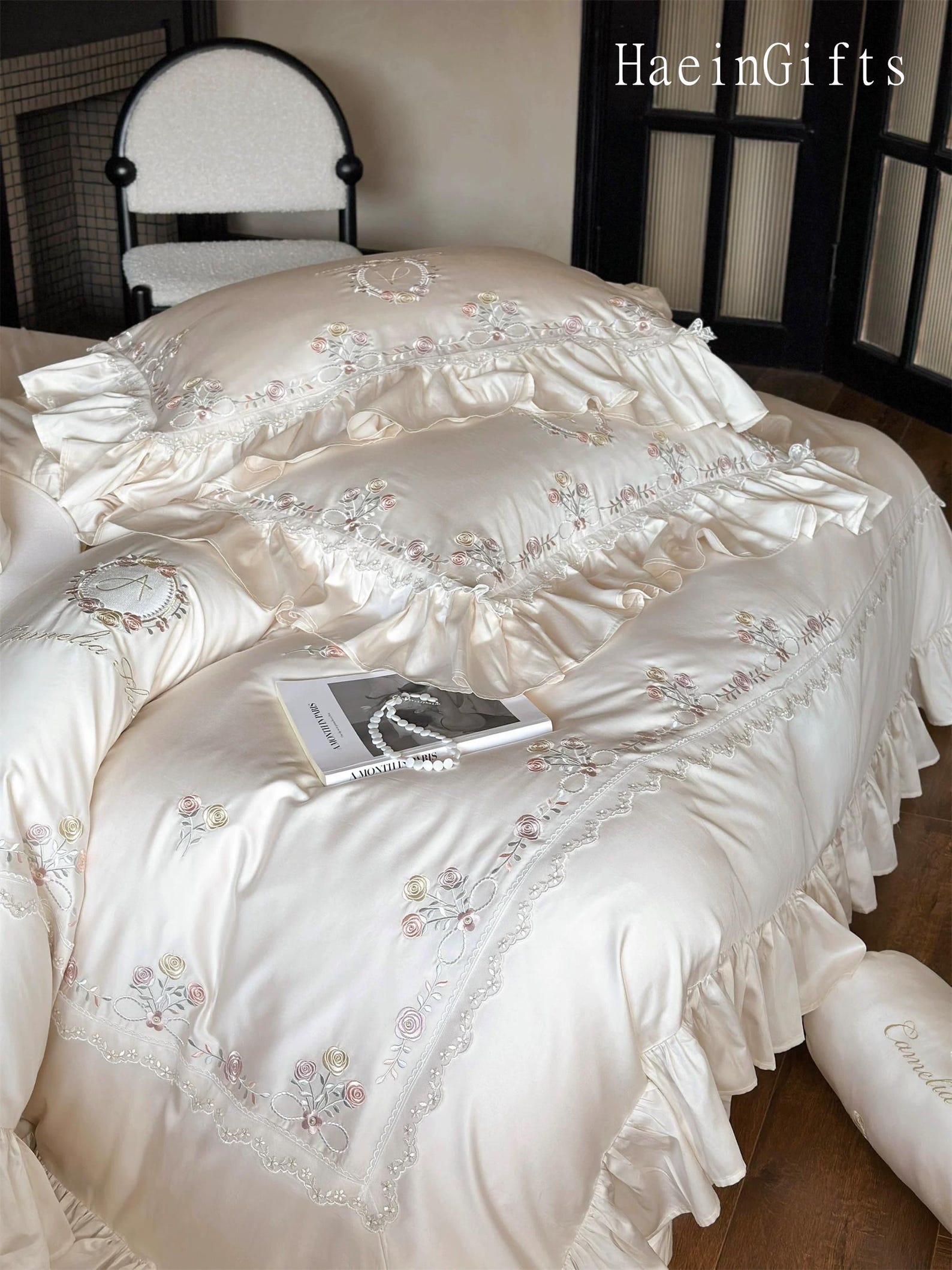 Embroidered Silky Ruffle Bedding Set, Cream White Duvet Cover, Pale ...