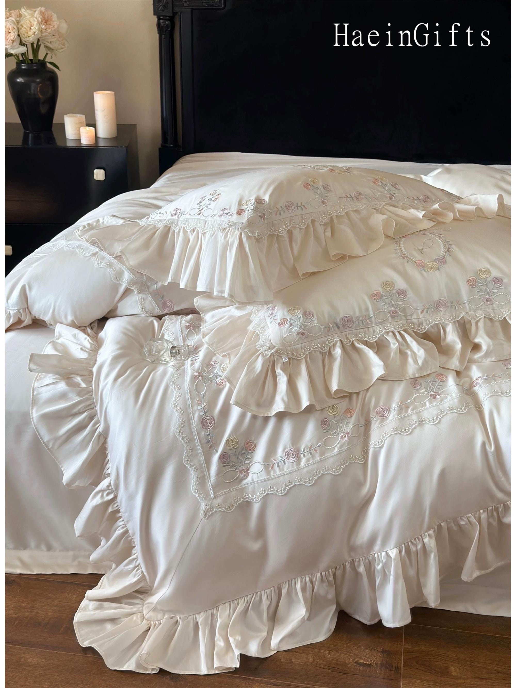 Embroidered Silky Ruffle Bedding Set, Cream White Duvet Cover, Pale ...