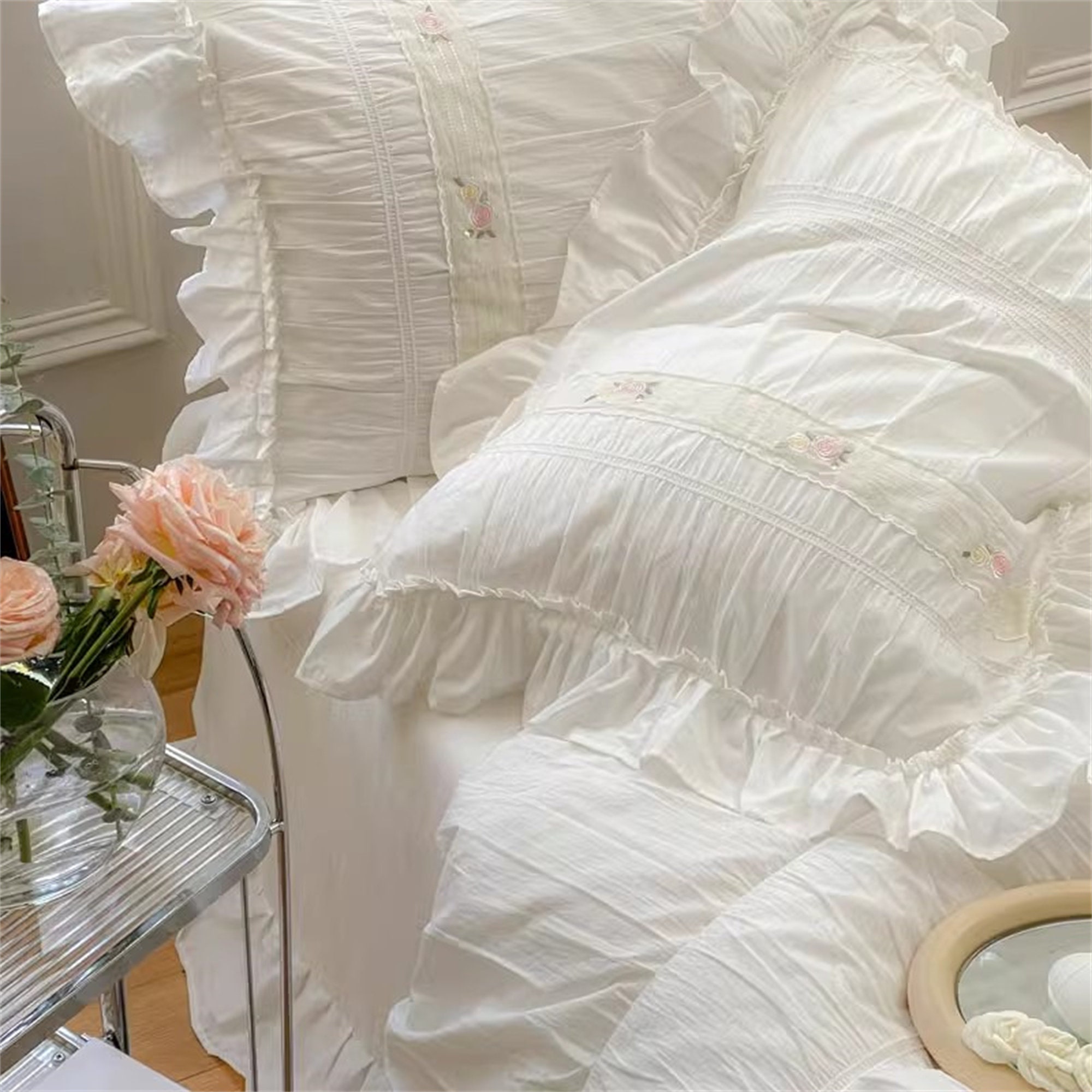 Romance White Bedding With Ruffle, Washed Cotton Duvet Cover Set ...