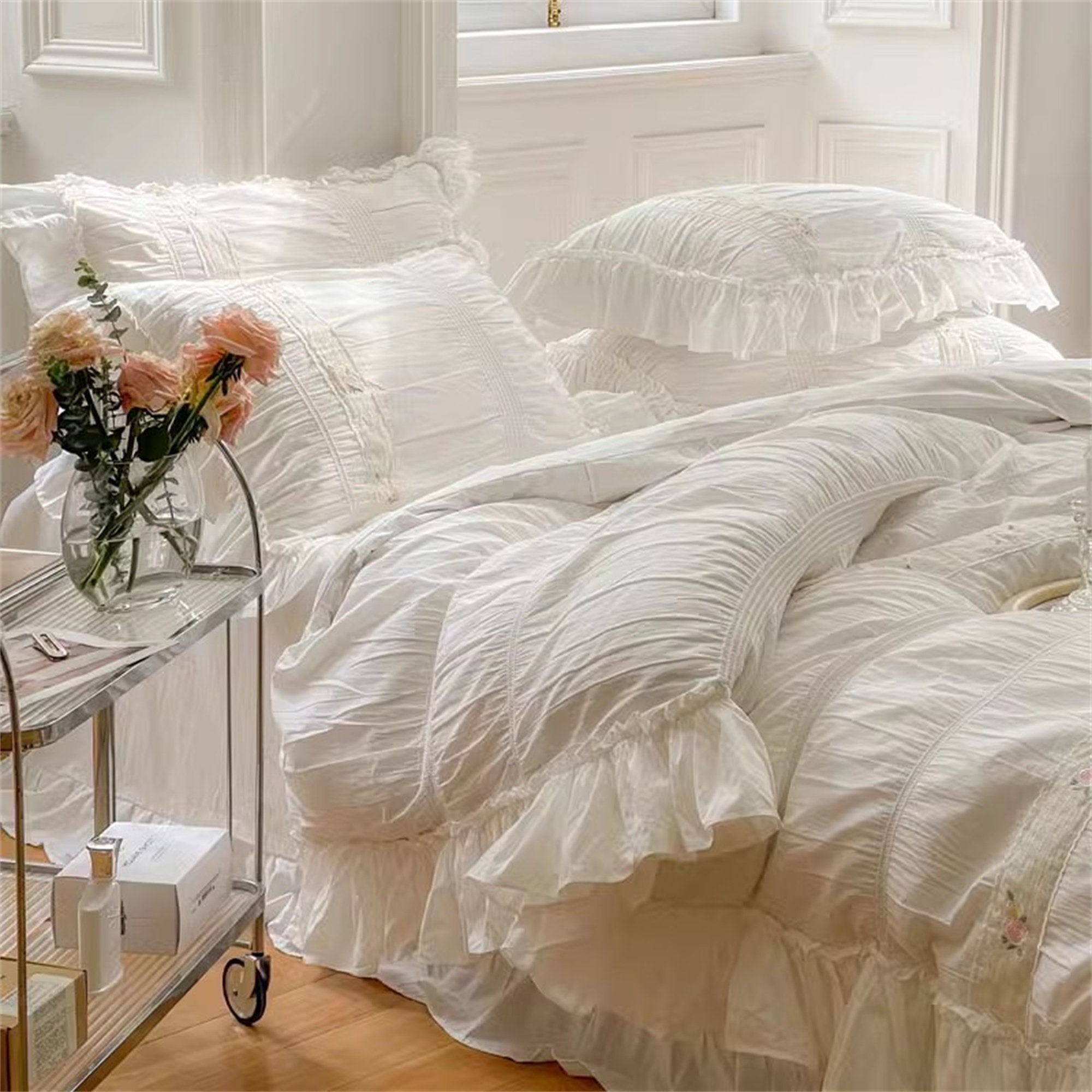 Romance White Bedding With Ruffle, Washed Cotton Duvet Cover Set ...