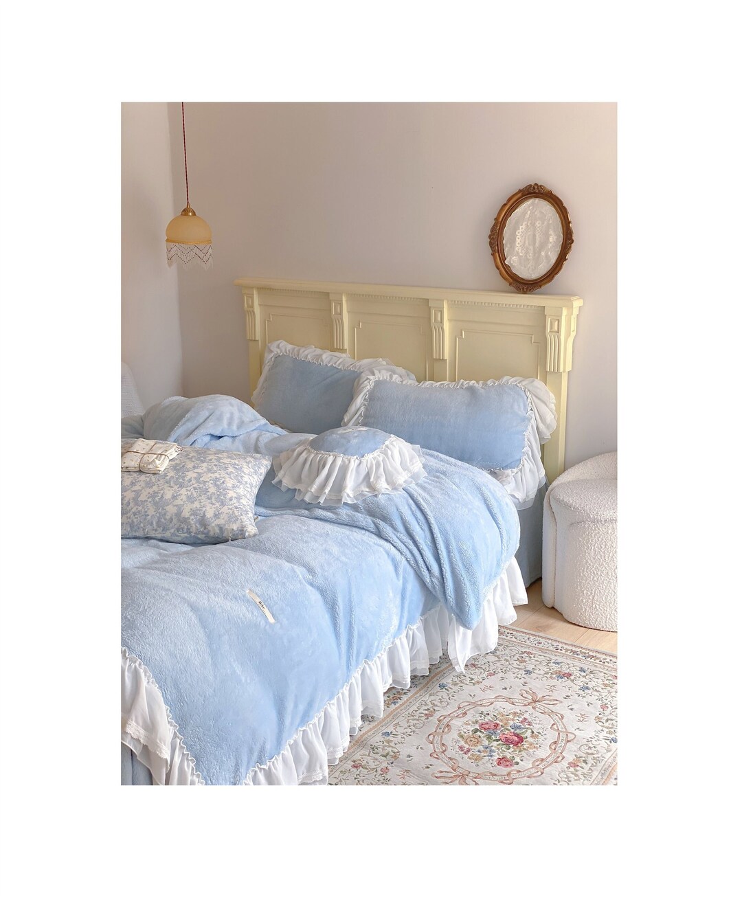 Blue Velvet Ruffle Bedding Set Duvet Cover Set, Soft Winter Flannel ...