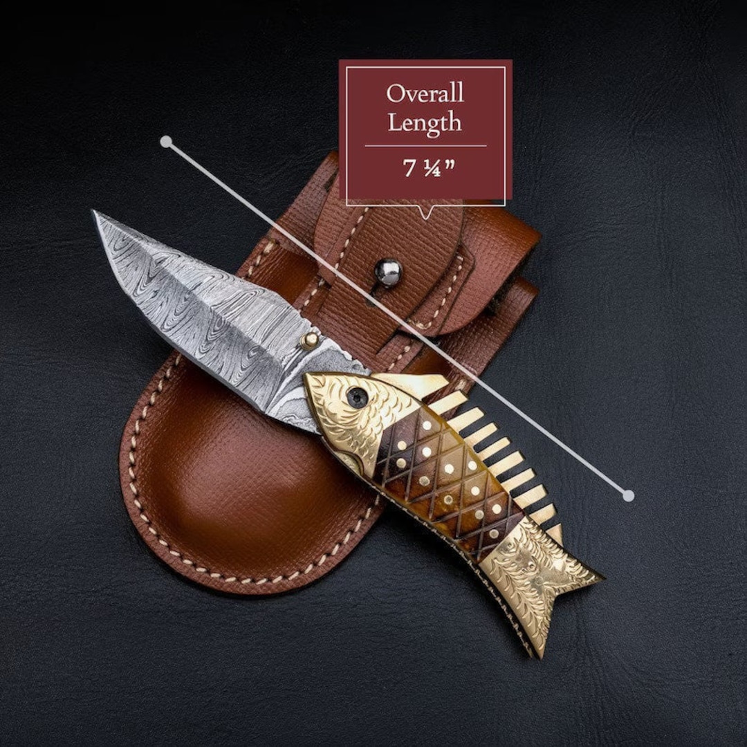 Handmade Damascus Folding Fish Knife With Bone Handle & Sheath - Etsy